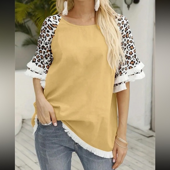 BellanBlue | Tops | Plus Yellow Leopard Print Ruffle Fringe Top | Poshmark